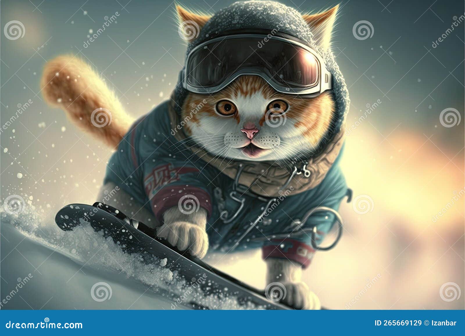 Cute Cat Snowboarding on White Snow Illustration Generative Ai Stock ...