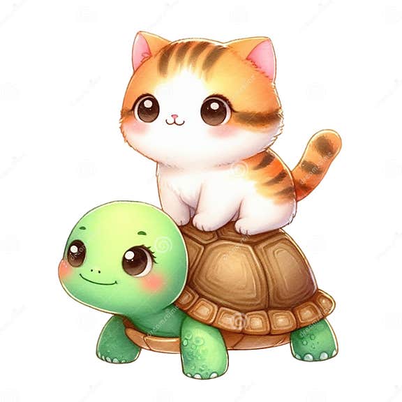 Cute Cat Standing on a Turtle S Back Stock Illustration - Illustration ...