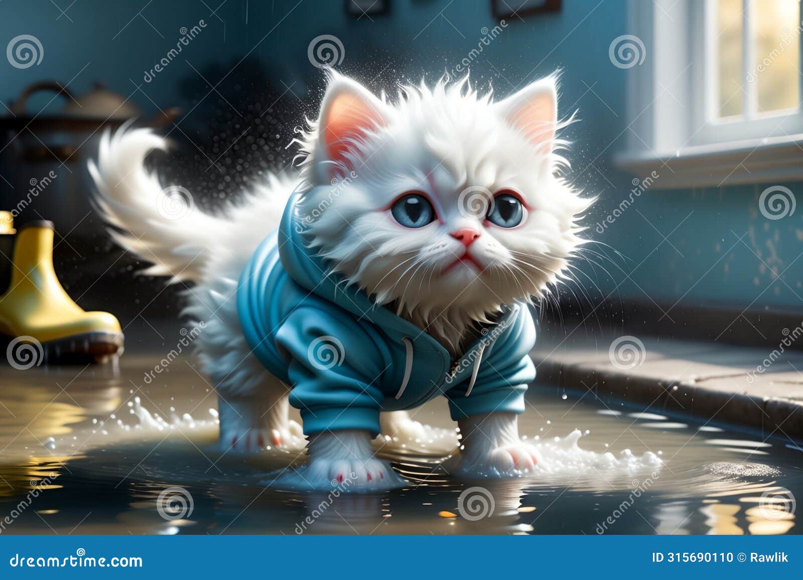 Cute Cat Stands in a Puddle in the Rain and Flood Stock Photo - Image ...