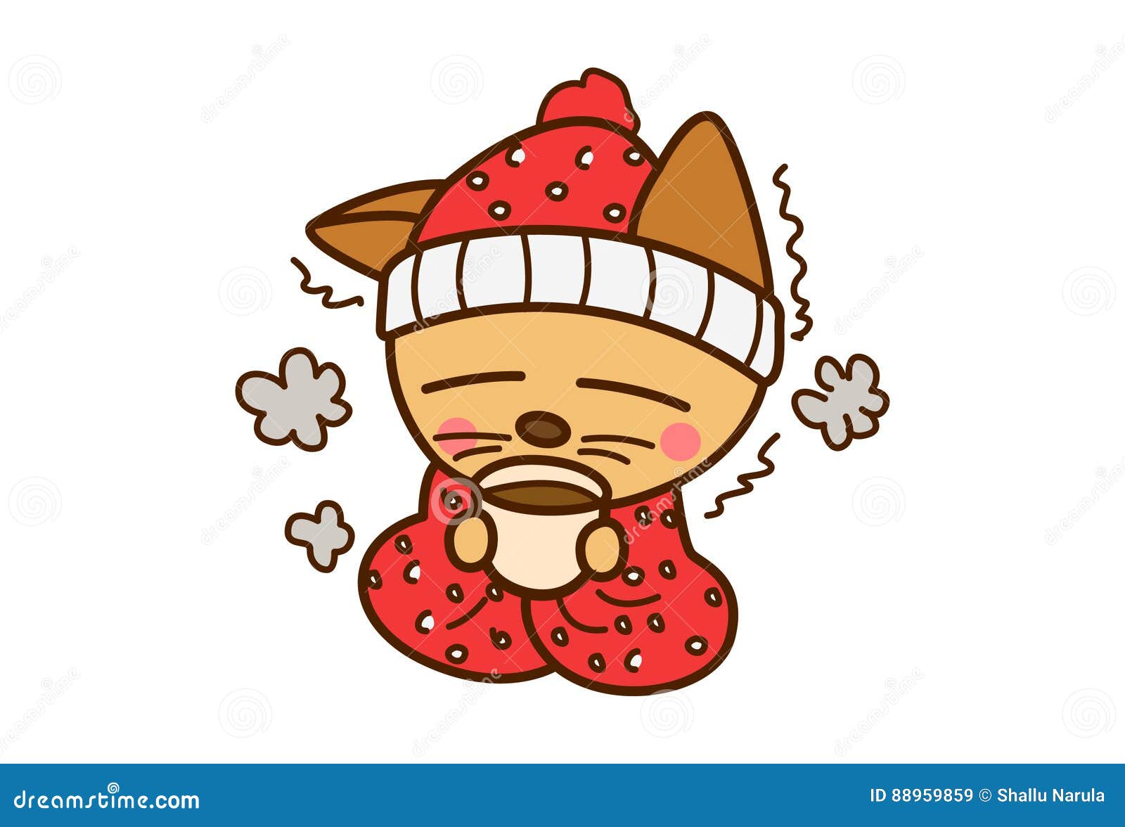 Cute Cat Sticker Drinking Tea and Feeling Cold. Stock Illustration ...