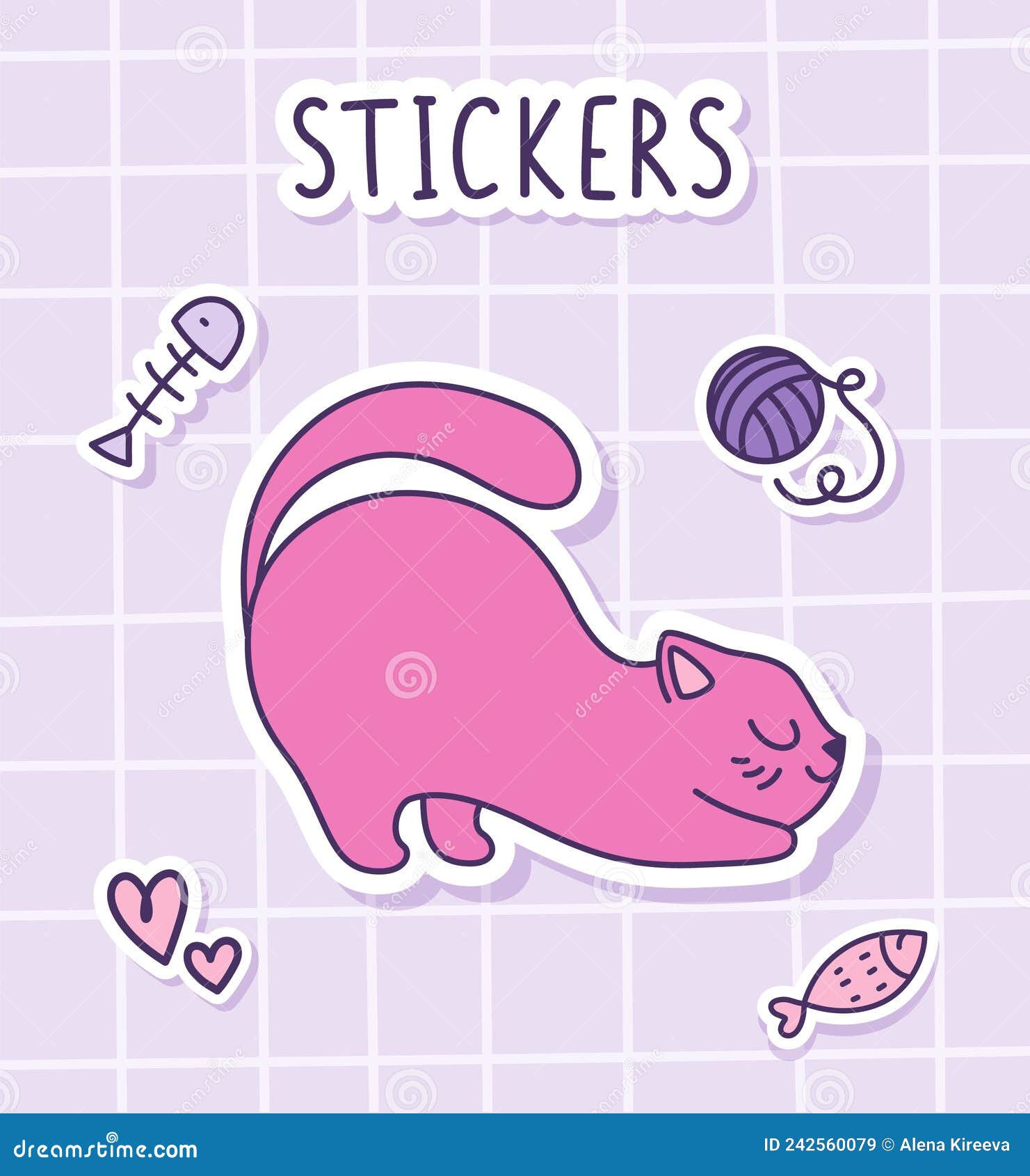 The Cute Cat is Stretching. Sticker of a Pink Cat with Toys on a ...