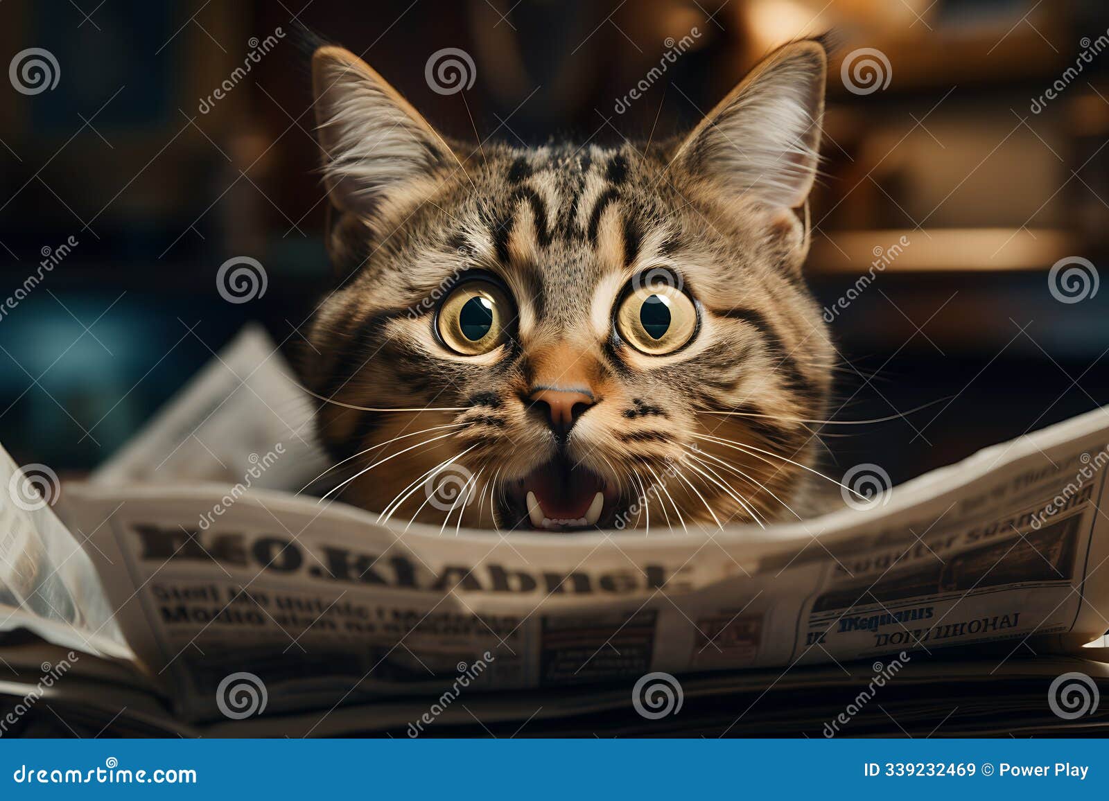 Cute Cat with Surprise Reading Newspaper at Home Stock Illustration ...