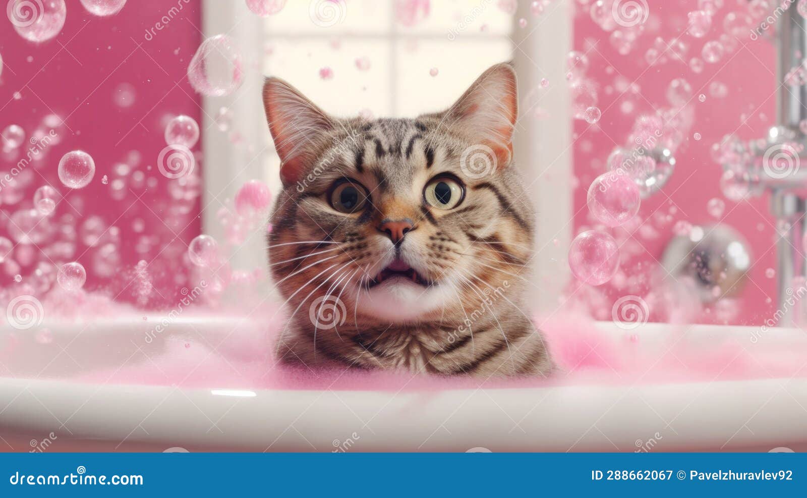 Cute Cat Taking a Bath in the Bathroom with Soap Bubbles Stock Image ...