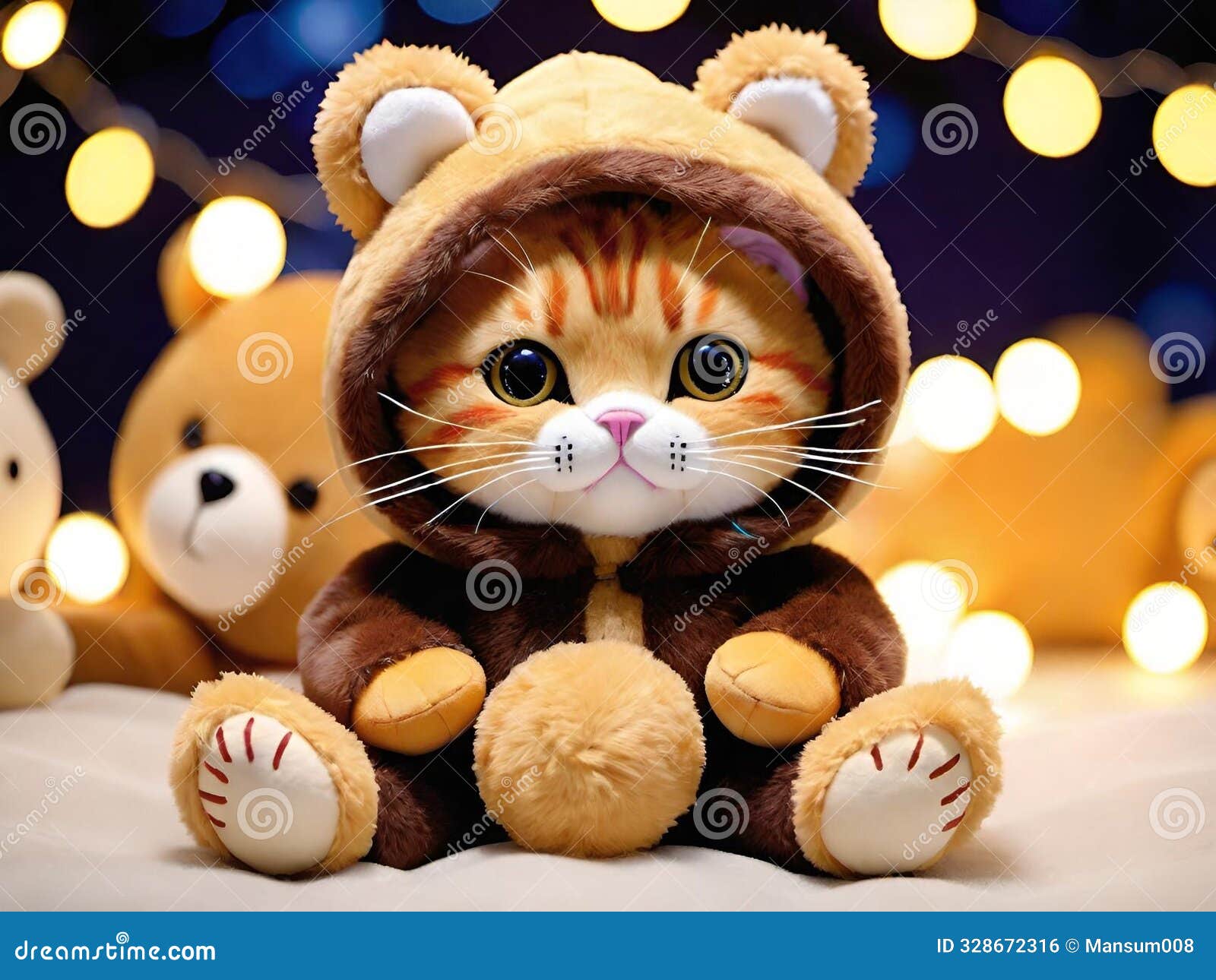 Cute Cat with Teddy Bear and Christmas Decorations Stock Illustration ...