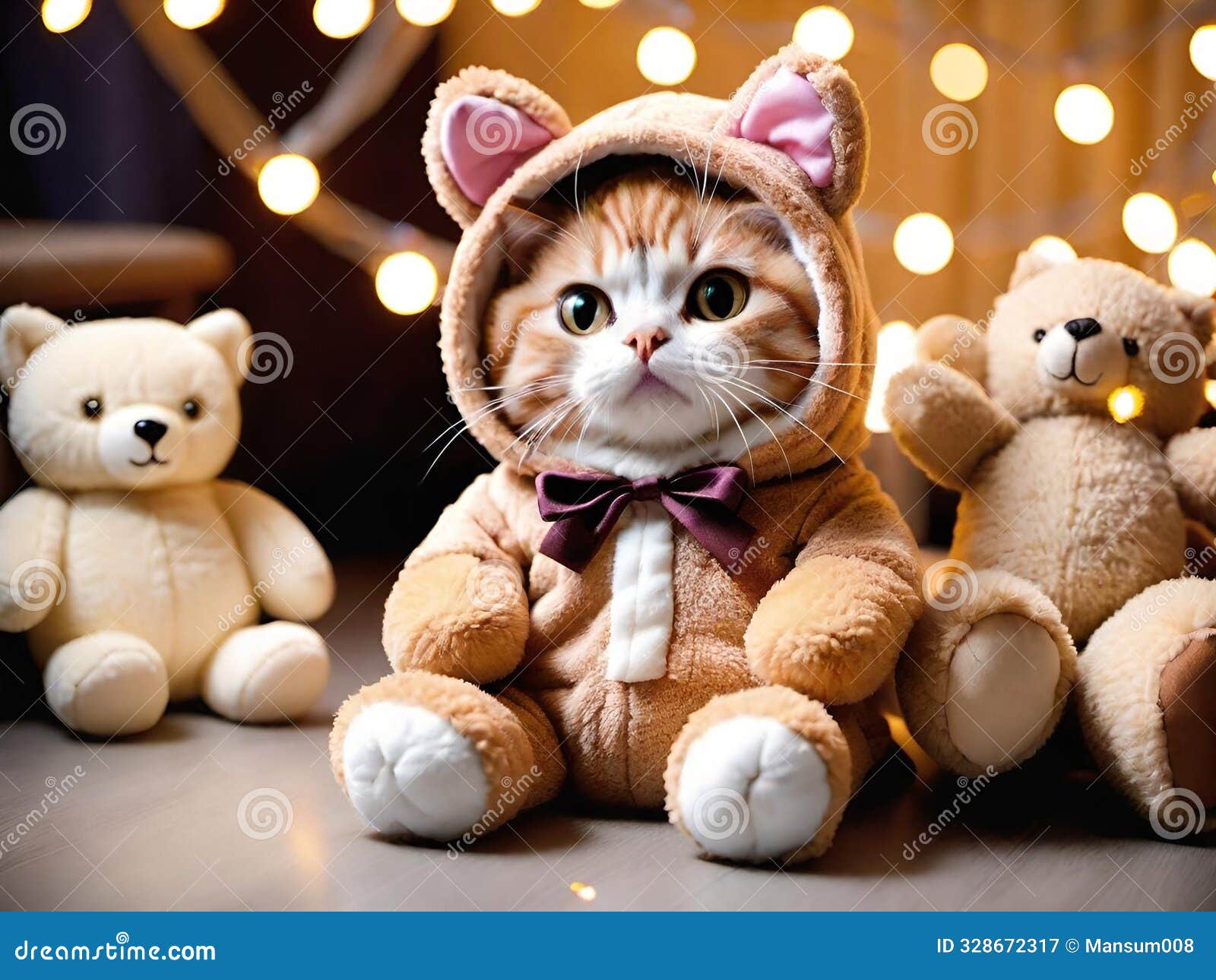 Cute Cat with Teddy Bear and Christmas Decorations Stock Illustration ...