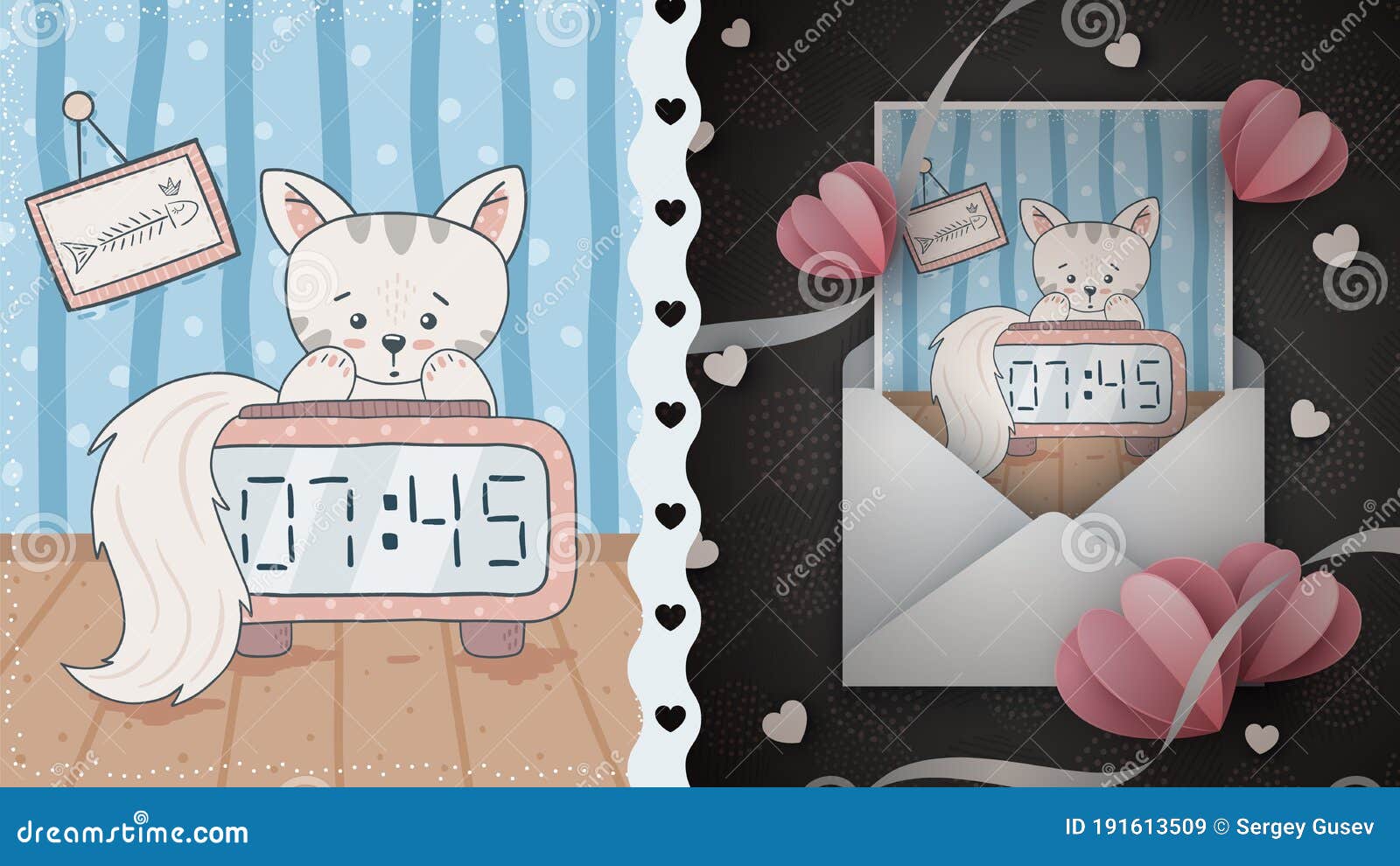 Cute Cat Time Idea for Greeting Card. Stock Vector - Illustration of ...
