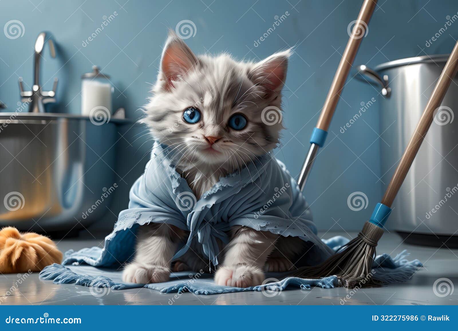 Cute Cat Washes the Floors in the Kitchen Stock Photo - Image of house ...