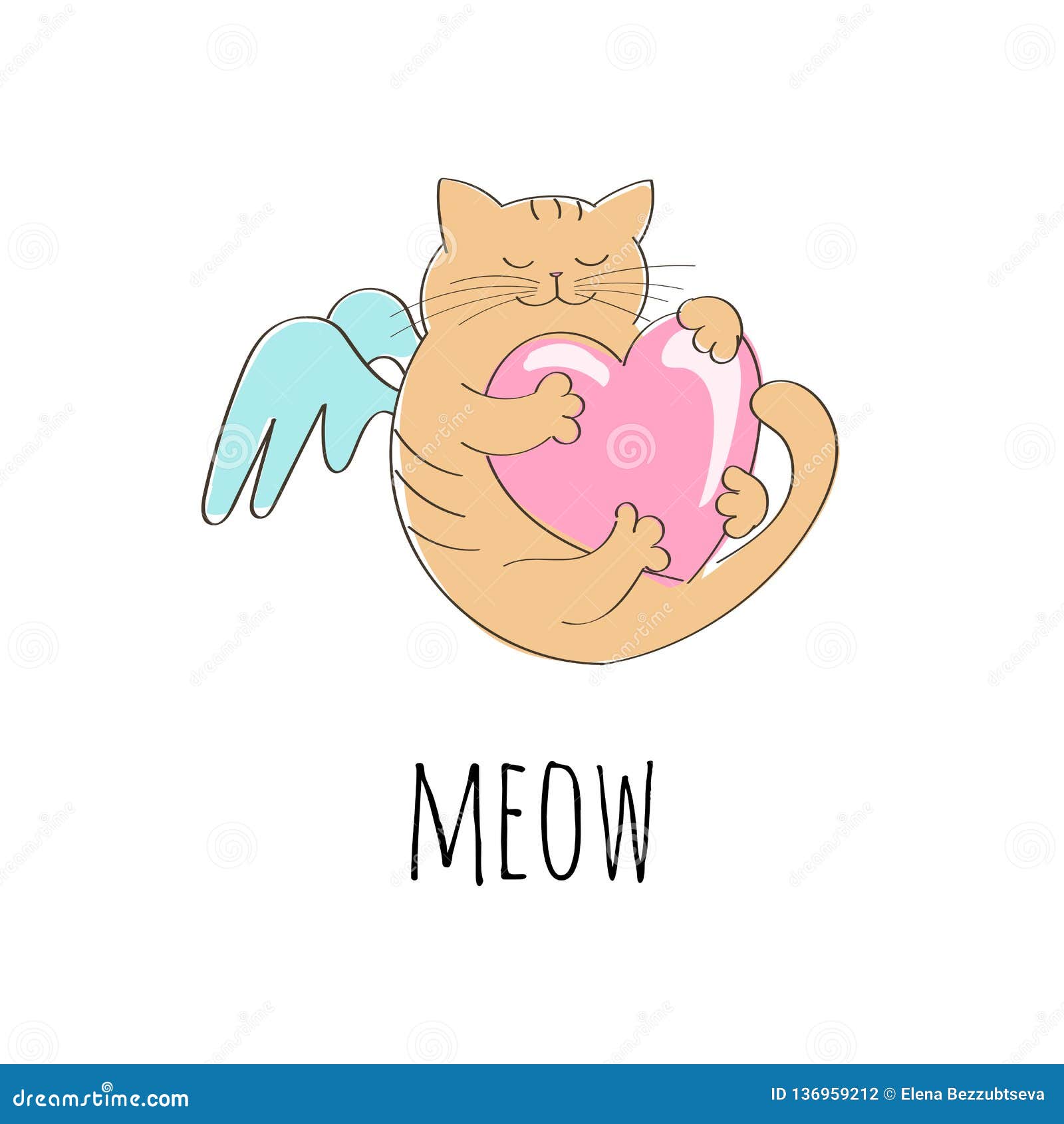 Cute Cat with Wings Hugging a Heart Stock Vector - Illustration of ...