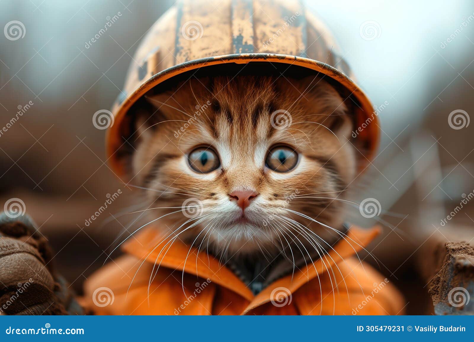 A Cute Cat is a Worker in an Orange Helmet. a Little Furry Engineer at ...