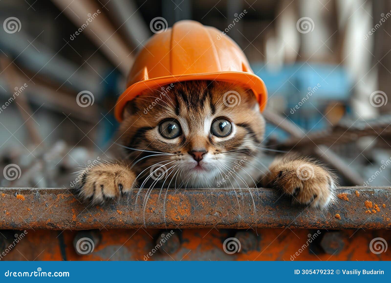 A Cute Cat is a Worker in an Orange Helmet. a Little Furry Engineer at ...