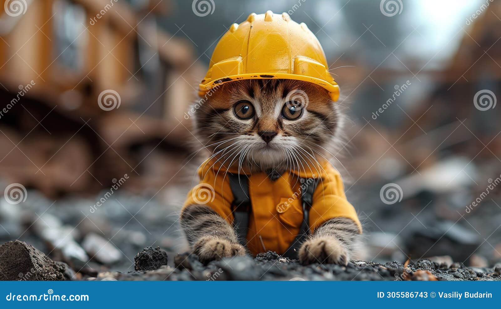 A Cute Cat is a Worker in an Orange Helmet. a Little Furry Engineer at ...