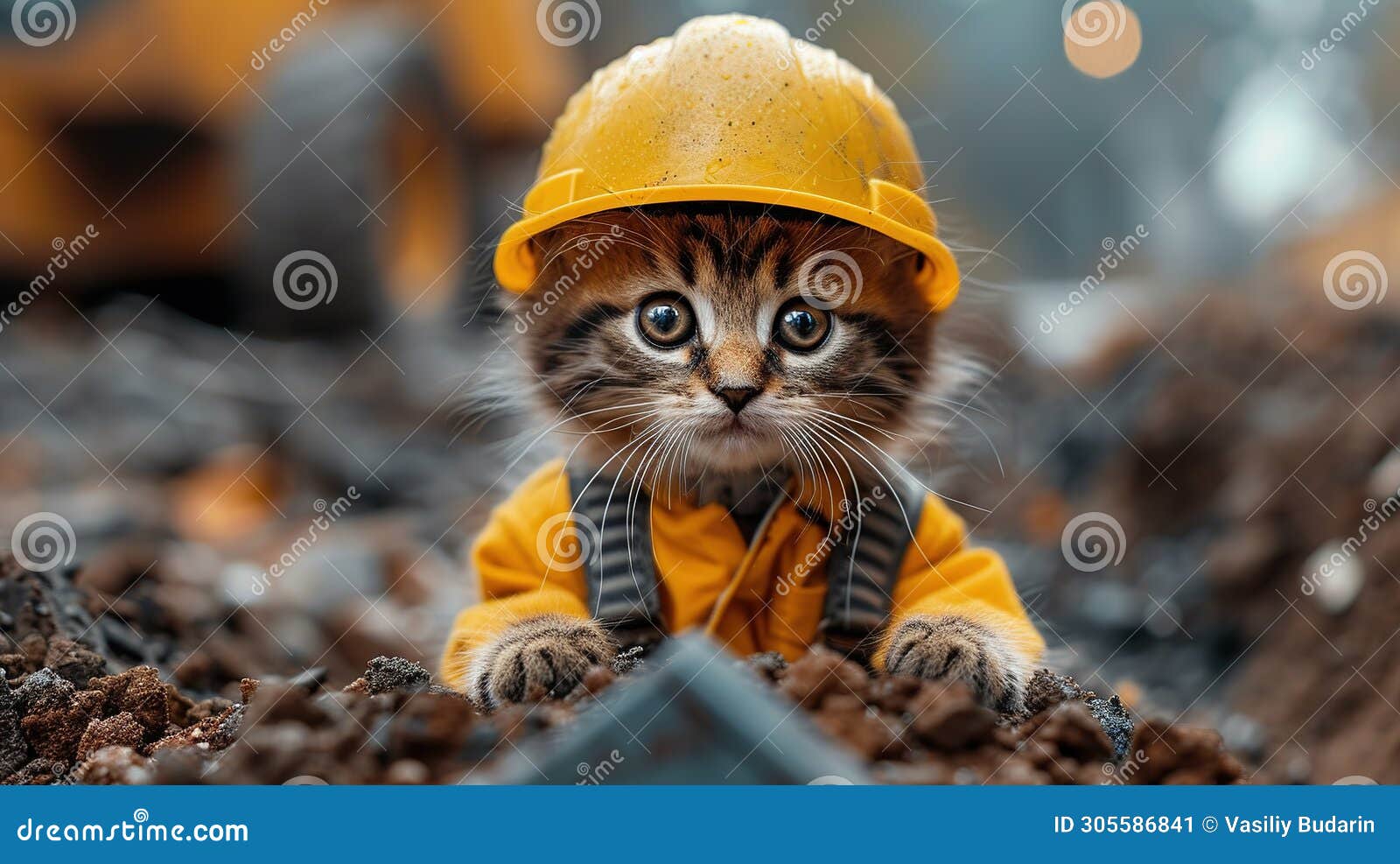 A Cute Cat is a Worker in an Orange Helmet. a Little Furry Engineer at ...