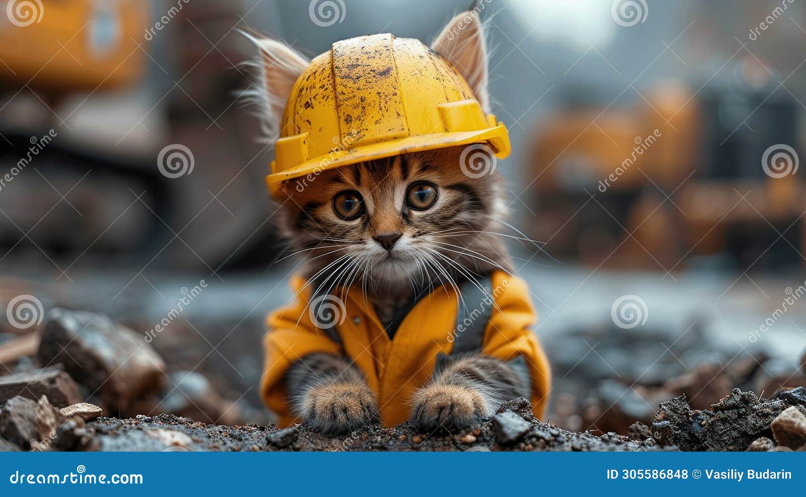 A Cute Cat is a Worker in an Orange Helmet. a Little Furry Engineer at ...