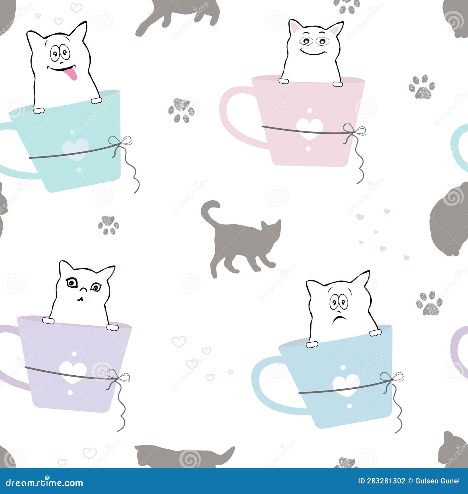 Cute Cats with Coffee Cups Seamless Fabric Pattern Stock Vector ...