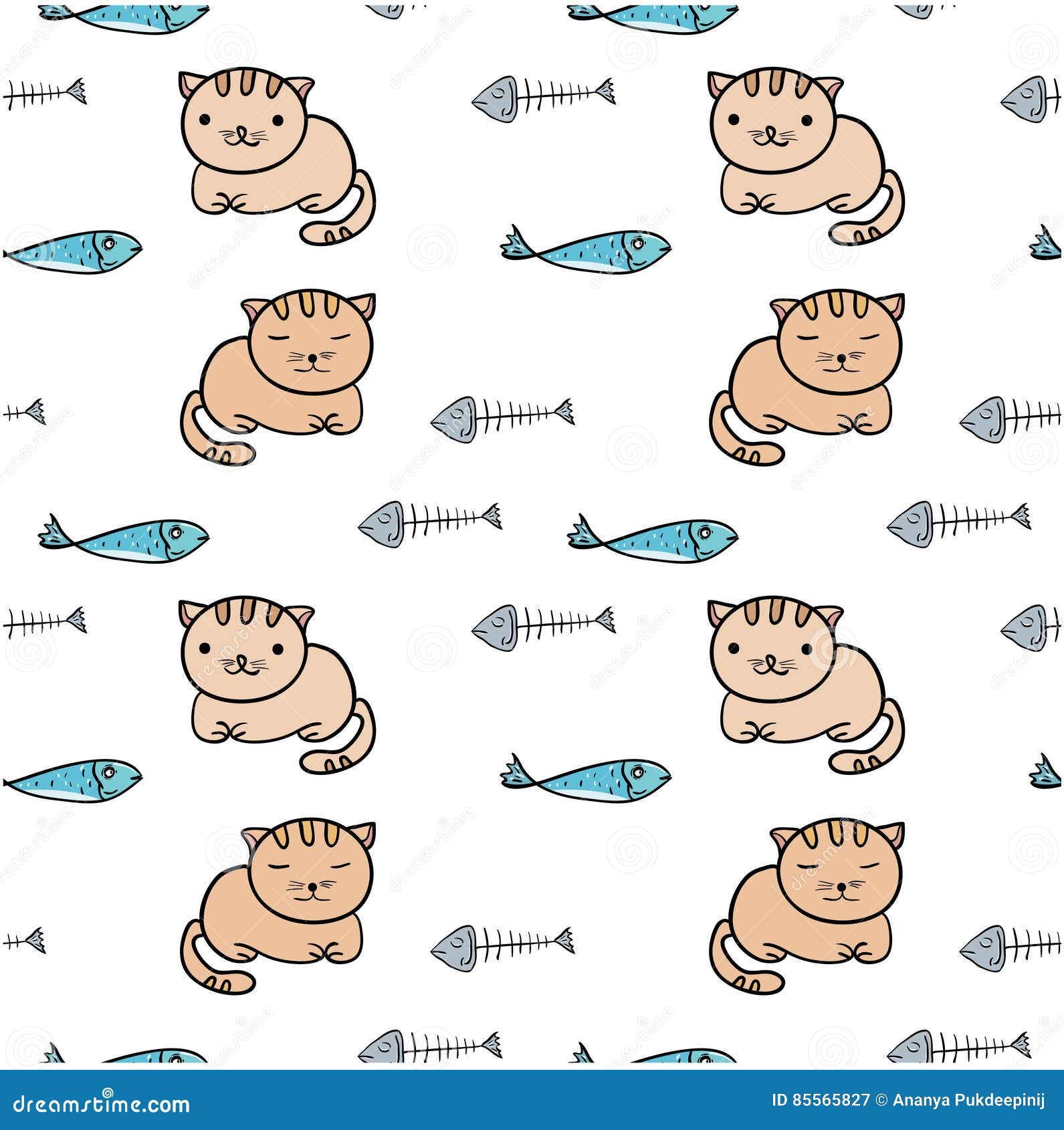 Cute Cats with Fishs Seamless Pattern Stock Illustration - Illustration ...
