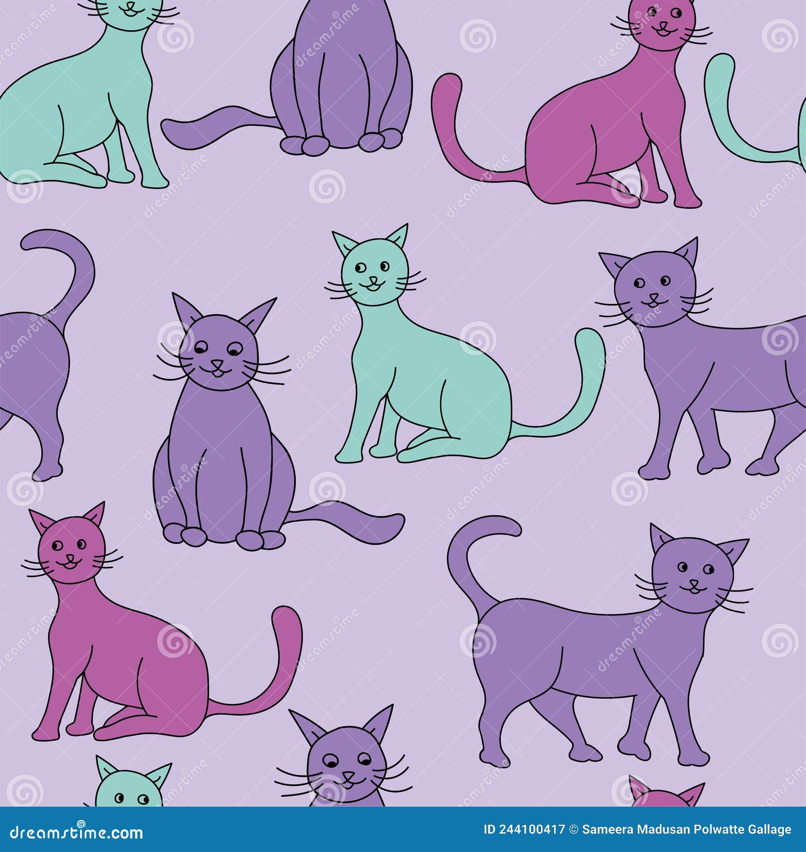 Cute Cats. Hand Drawing, Cat Seamless Vector Repeat Patterns Stock ...
