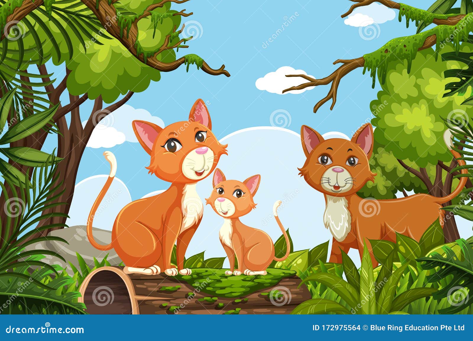 Cute cats in jungle scene stock vector. Illustration of stump - 172975564