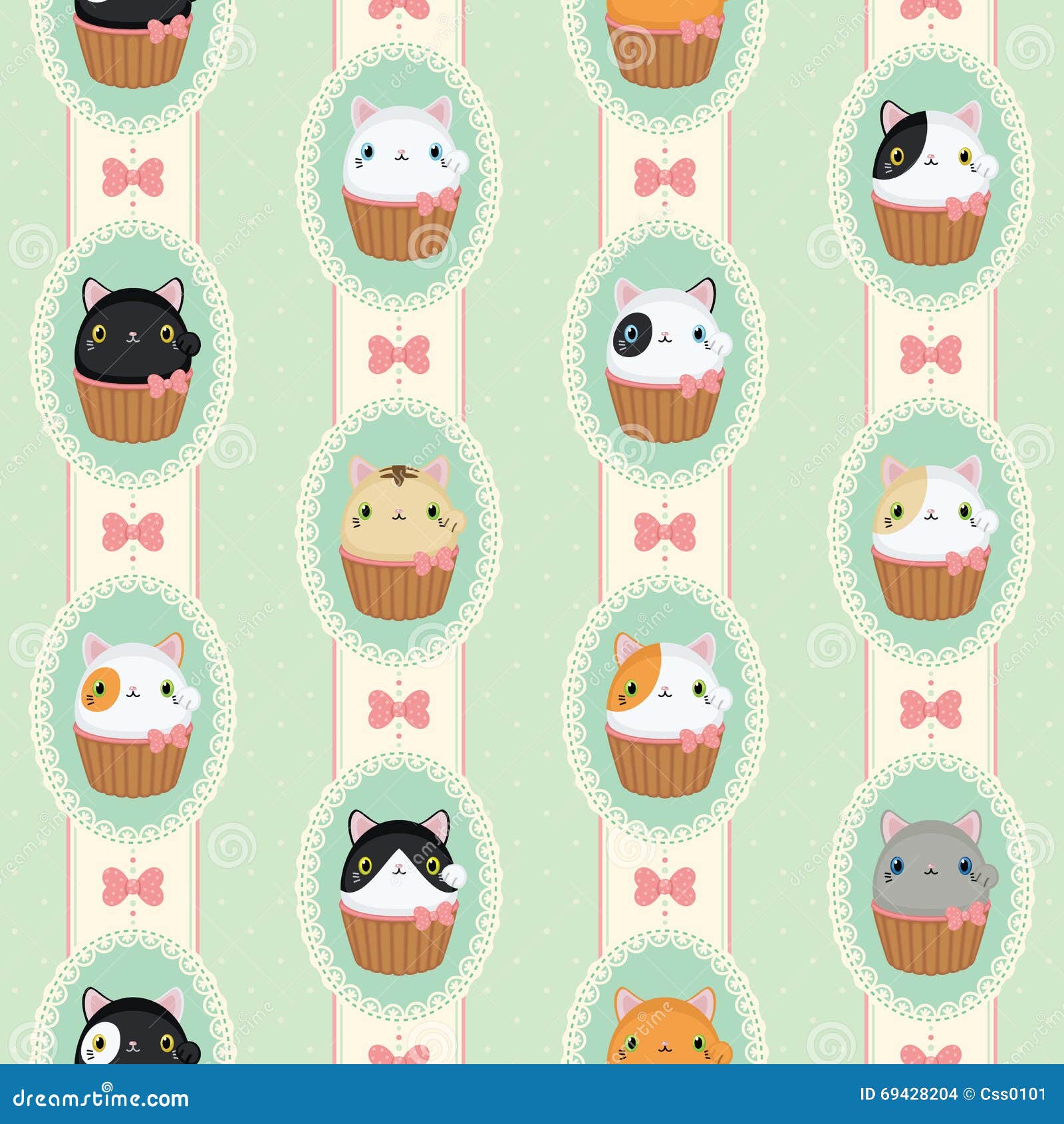 Cute Cats in Laced Frames. Vector Retro Pattern Polka Dots and Stripes ...