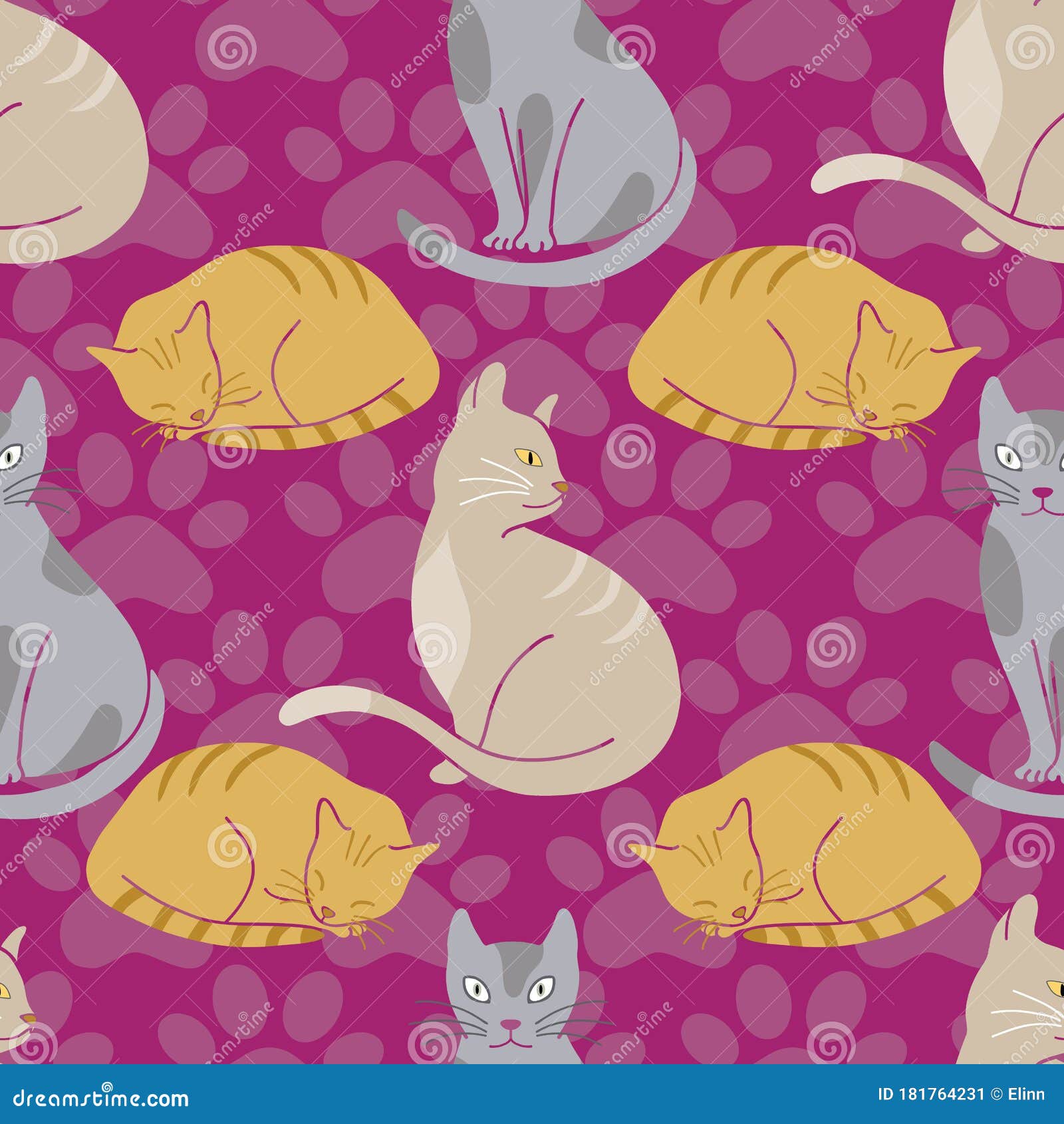 Cute Cats Seamless Pattern on Purple Background with Paw Prints Stock ...