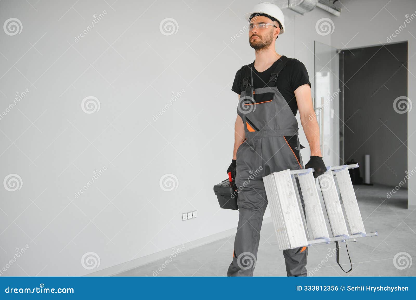 Cute Caucasian Bearded Construction Worker with Safety Helmet at ...