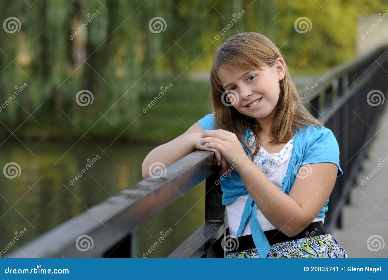 Cute Caucasian Brunette Girl Leaning on Railing Stock Image - Image of ...