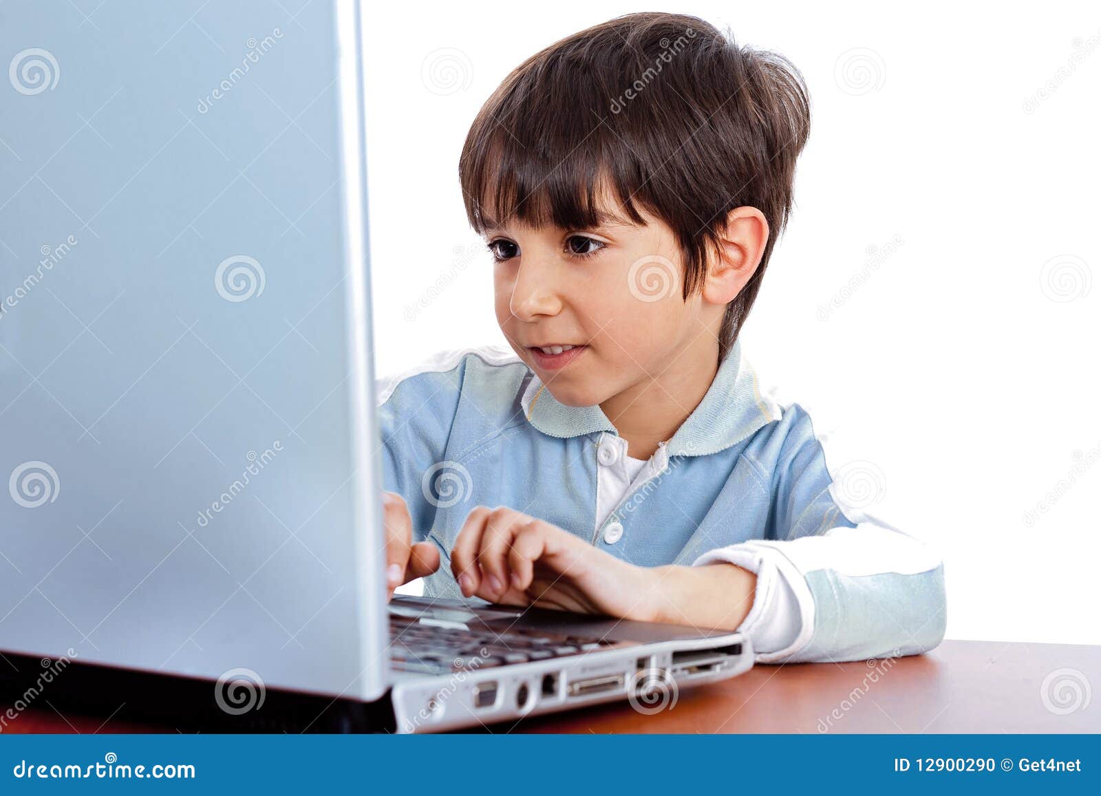 Cute Caucasian Kid Working in Laptop Stock Photo - Image of childhood ...