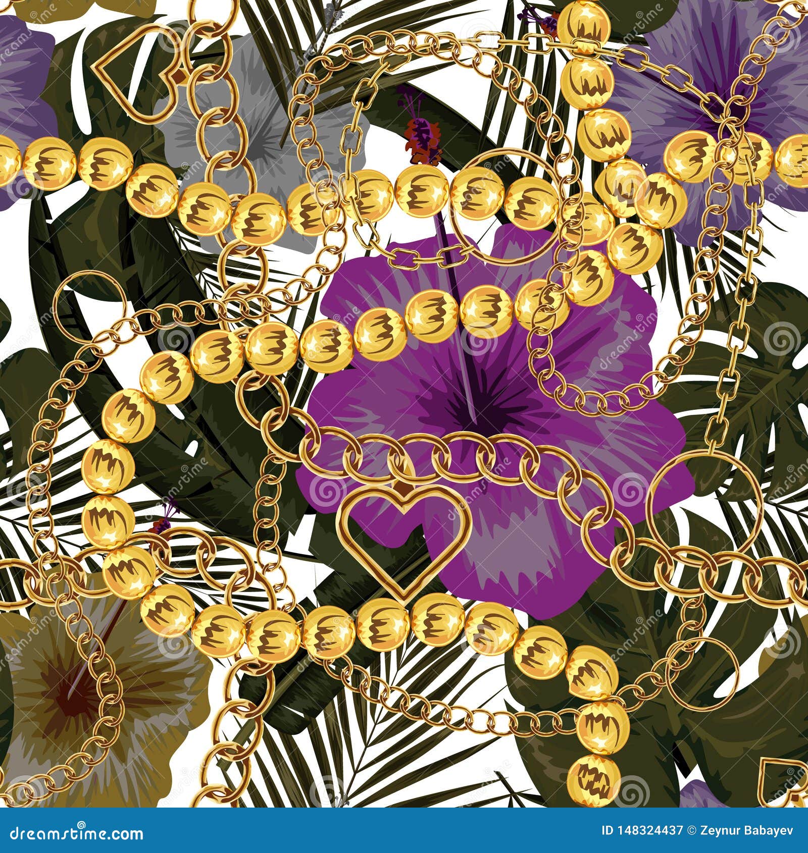 Cute Chain Texture Seamless with Tropical Flower and Leaf Pattern. Flat ...