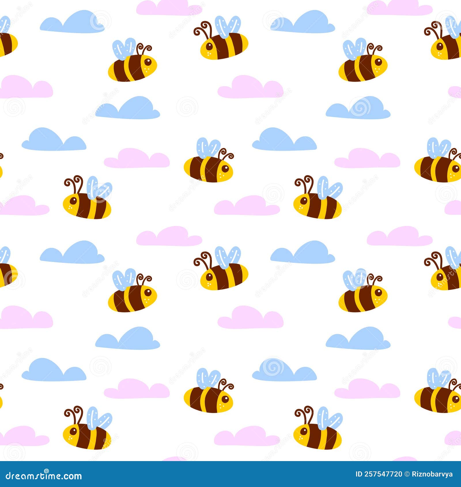 Cute Character Bees, Blue and Pink Clouds Seamless Pattern for the ...