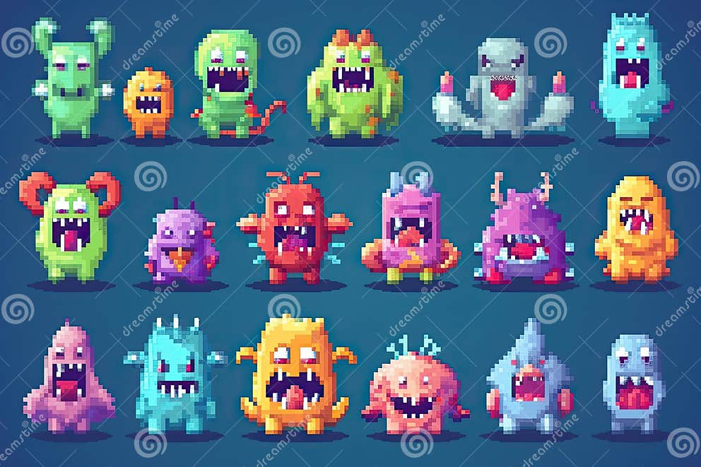 Cute Character Monsters, Pixel Illustration Stock Illustration ...