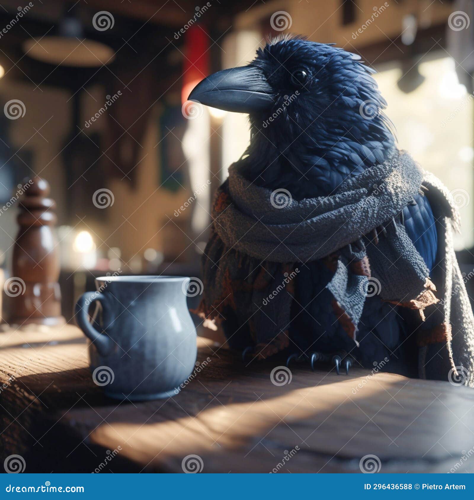 Cute Charming Fluffy Raven in Knitted Blue Scarf Drinking Tea Stock ...
