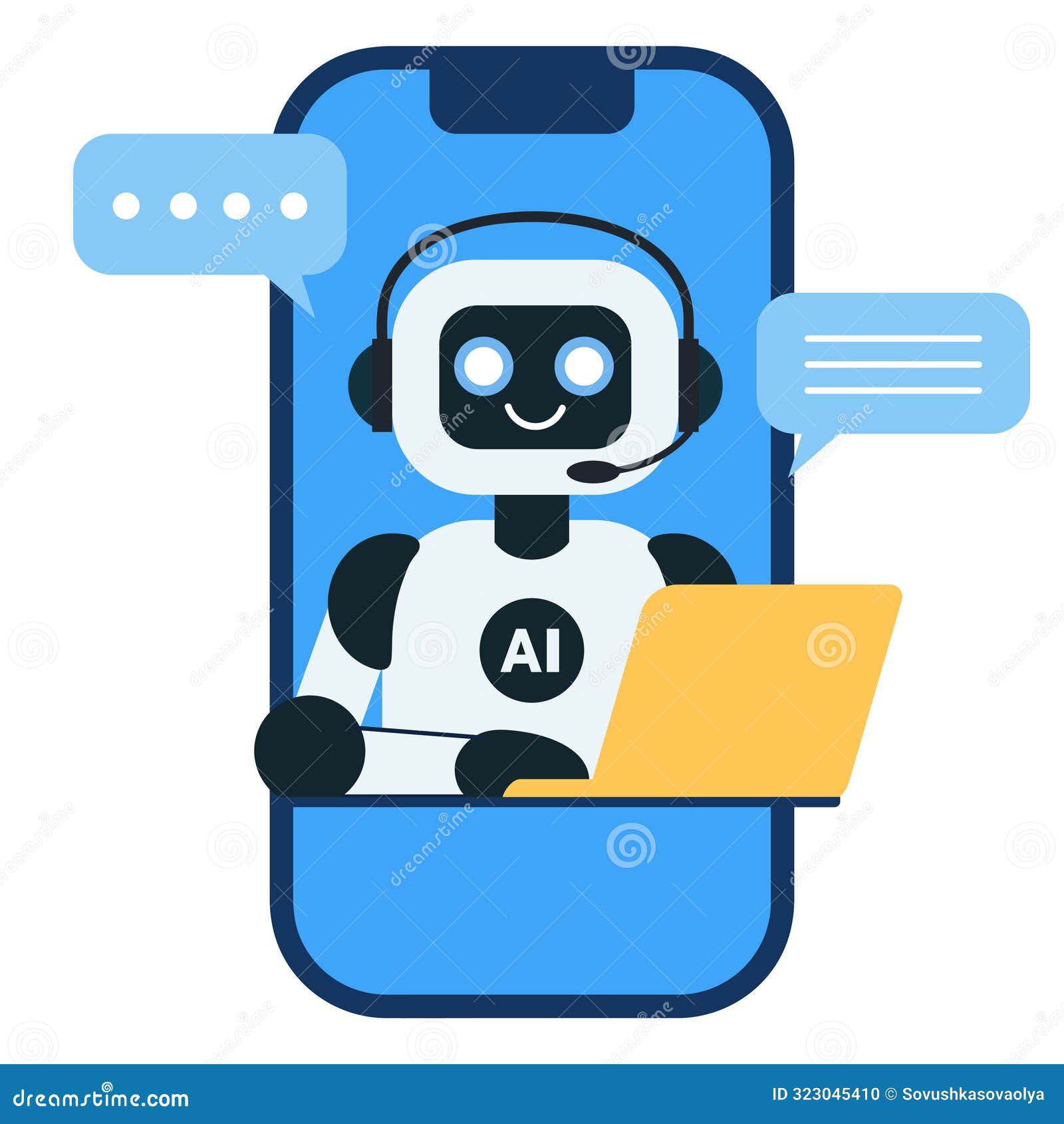 Cute Chat Bot Robot with Yellow Laptop on the Phone Stock Vector ...