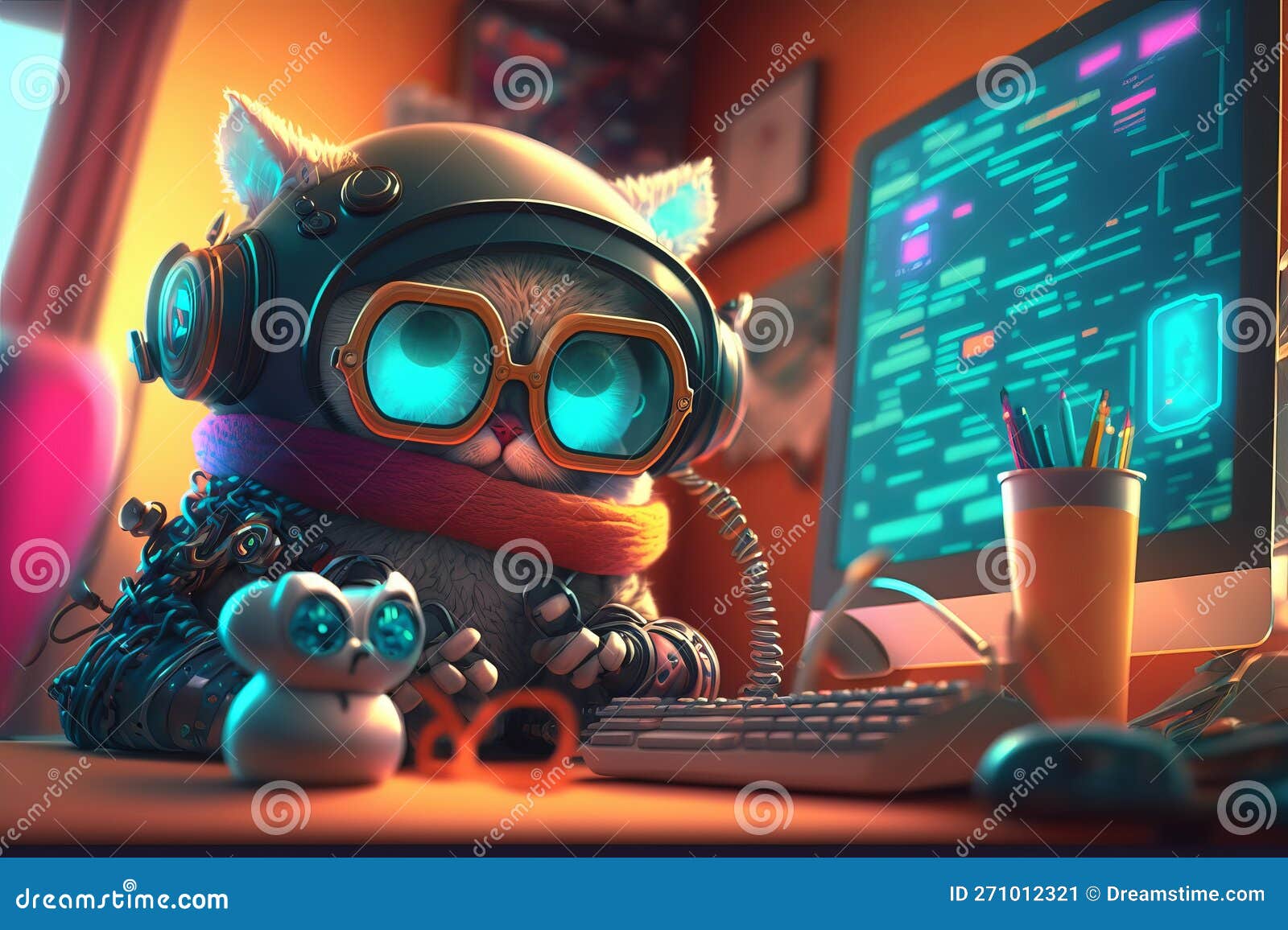 Cute Chatbot with Glasses Working with Computer in Colourful Room ...