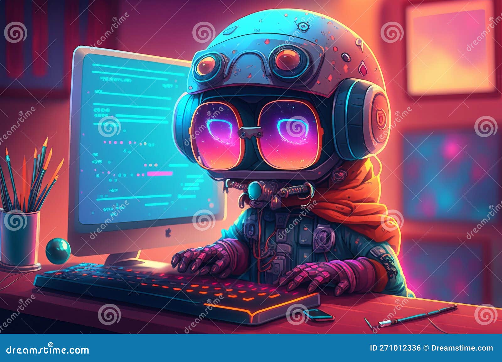 Cute Chatbot with Glasses Working with Computer in Colourful Room ...