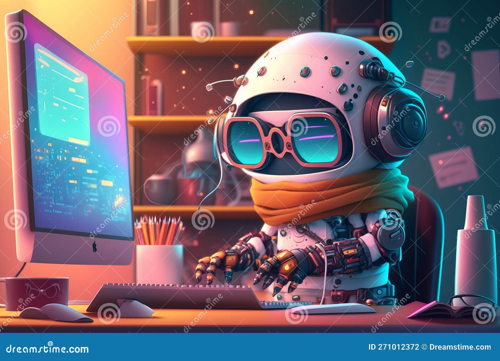 Cute Chatbot with Glasses Working with Computer in Colourful Room ...