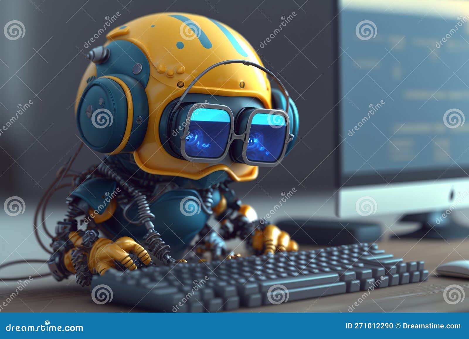 Cute Chatbot with Glasses Working with Keyboard and Computer ...