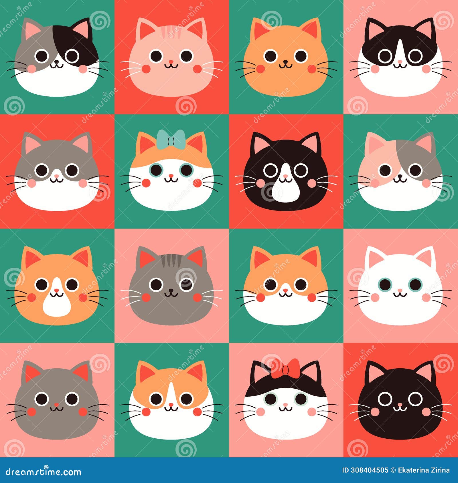 Cute Checkered Seamless Pattern with Cats Faces. Vector Graphics Stock ...