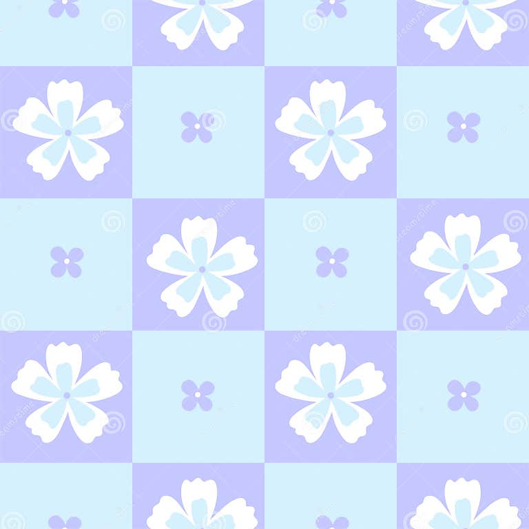 Cute Checkered Seamless Pattern with Flowers in a Blue Colors. Vector ...