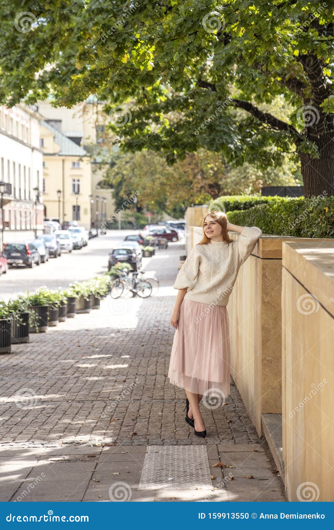 Cute Cheerful Caucasian Woman Walking on European Street. she Wear ... Cute Cheerful Caucasian Woman Walking on European Street. she Wear ...