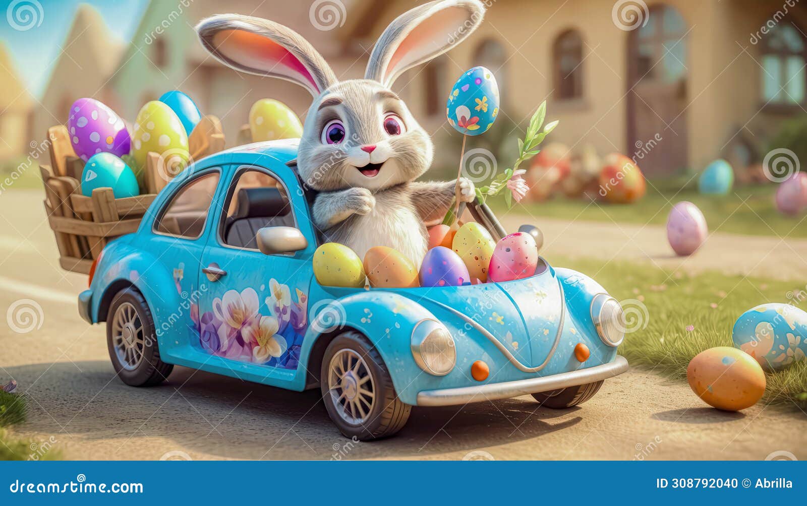 A Cute and Cheerful Easter Bunny is Carrying Easter Eggs and Sweets in ...