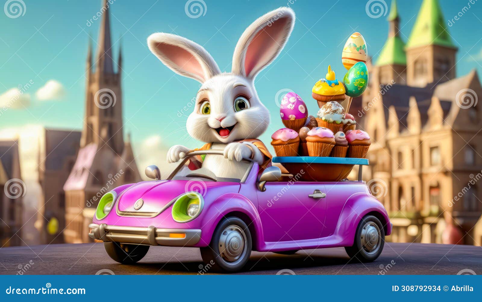 A Cute and Cheerful Easter Bunny is Carrying Easter Eggs and Sweets in ...