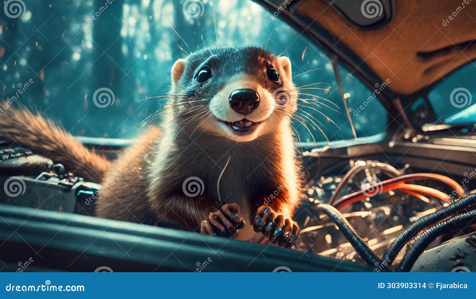 A Cute Cheerful Smiling Weasel is Biting the Cables Stock Illustration ...