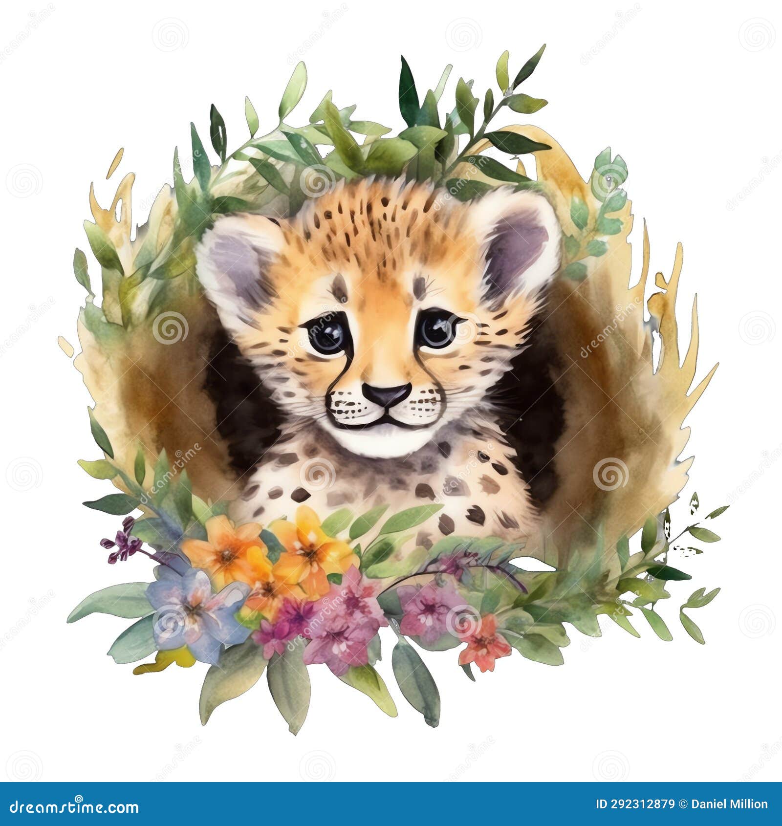 Cute Cheetah with Flowers Watercolor Illustration Stock Illustration ...