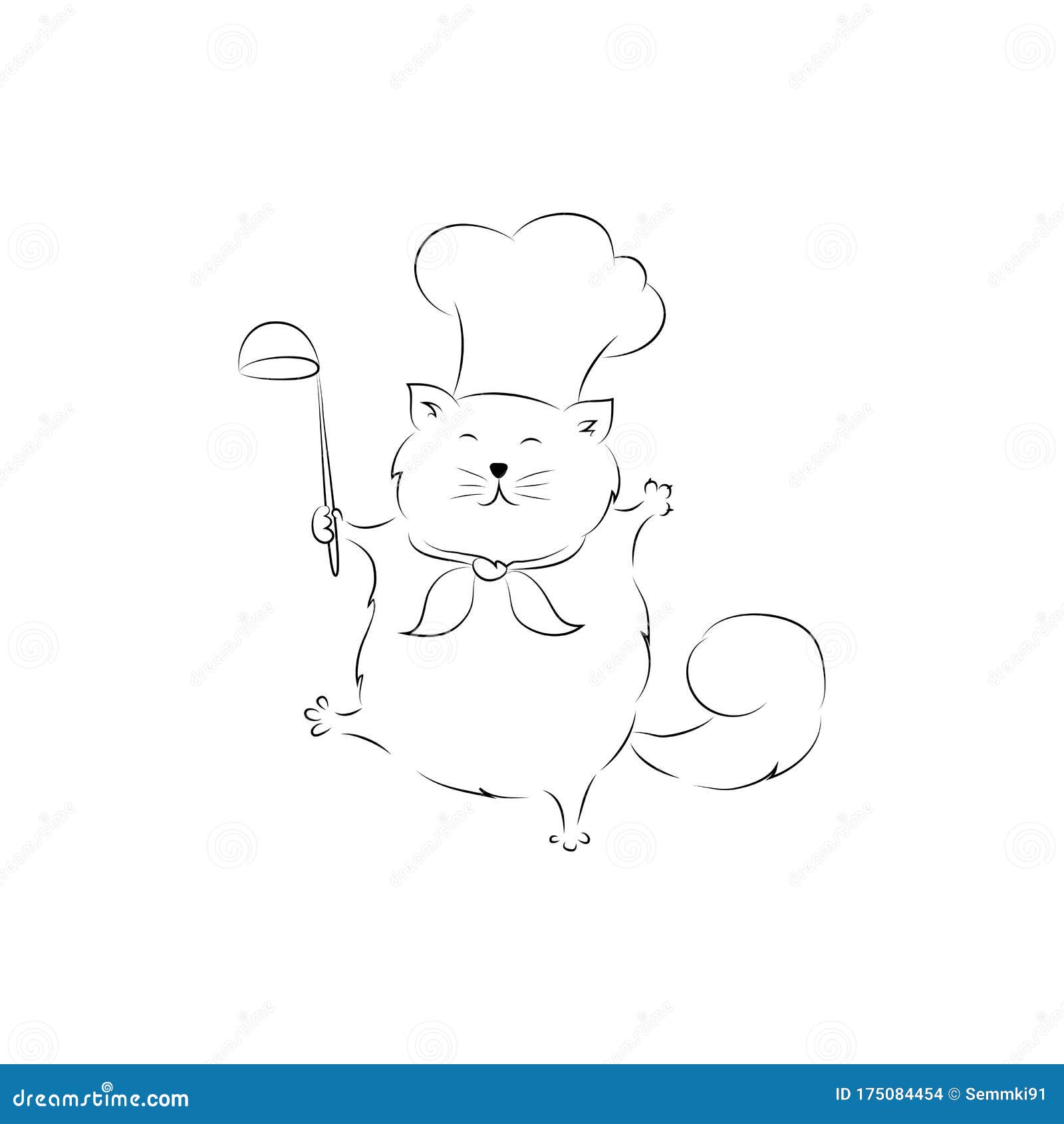Vector Illustration of Cute Chef Cat, Black Linear Silhouette Stock ...