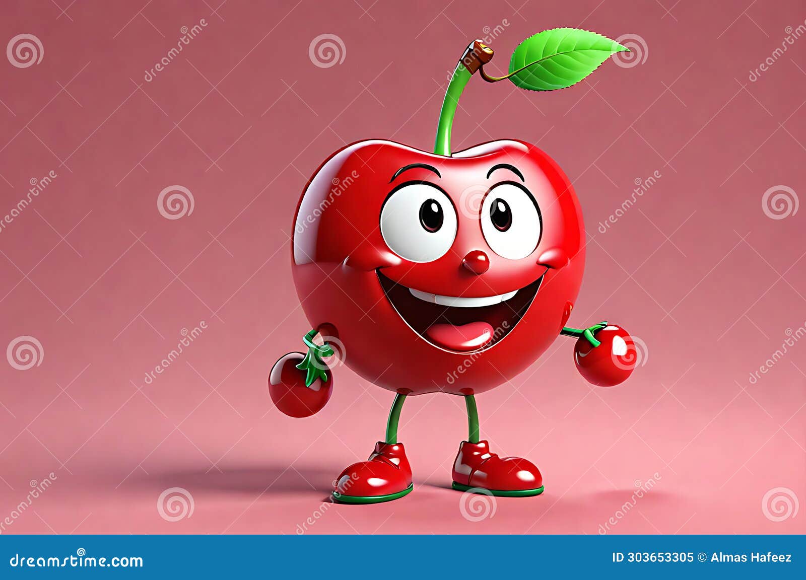 A Cute Cherry As a 3D Rendered Character Smiling Over Solid Color ...
