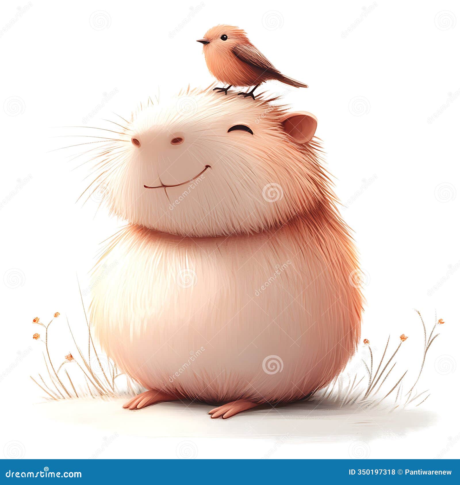 Cute Chibi Capybara Balancing A Tiny Bird On Its Head Stock ...