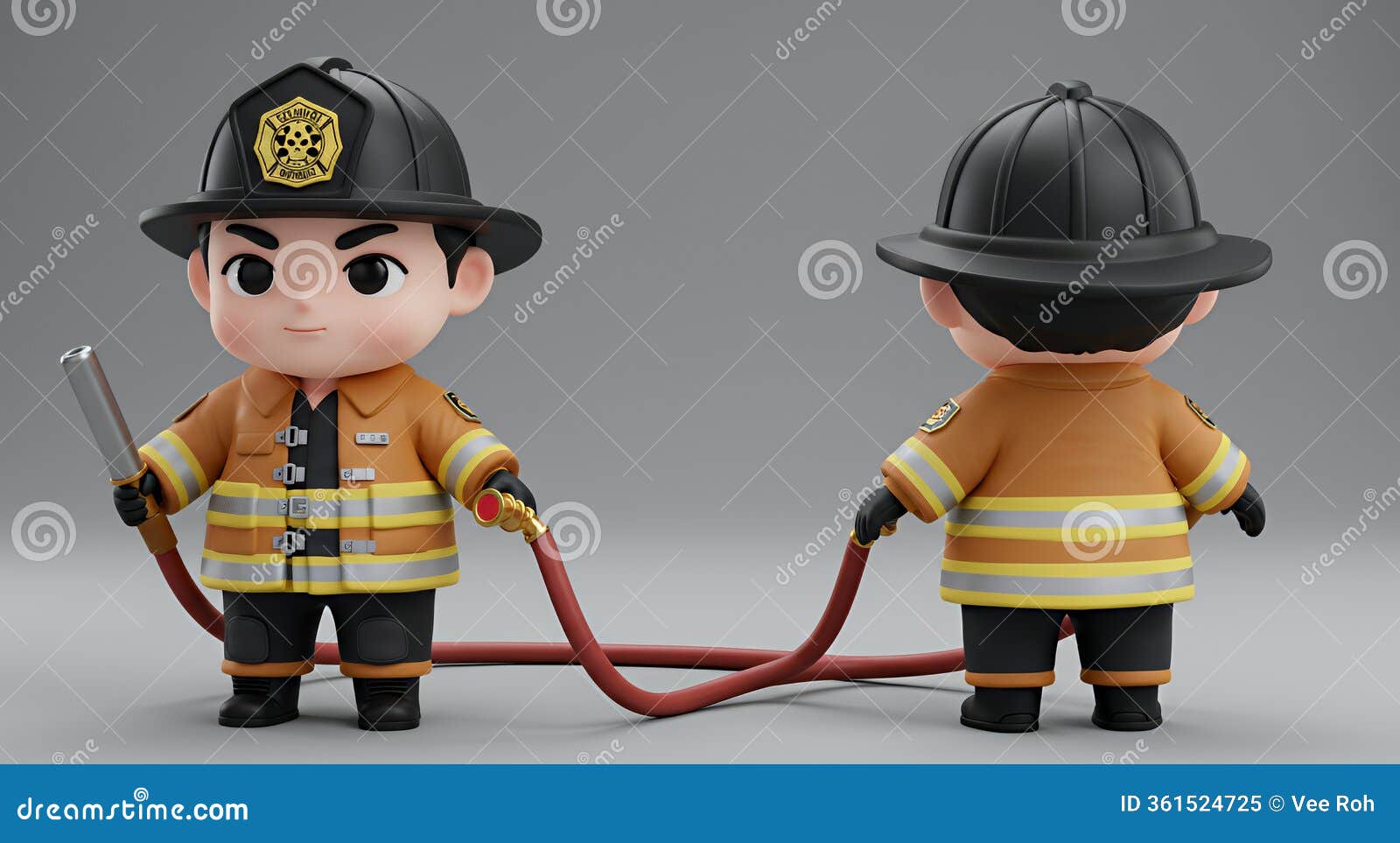 Cute Chibi Firefighter 3D Render Illustration: Front And Back View In ...