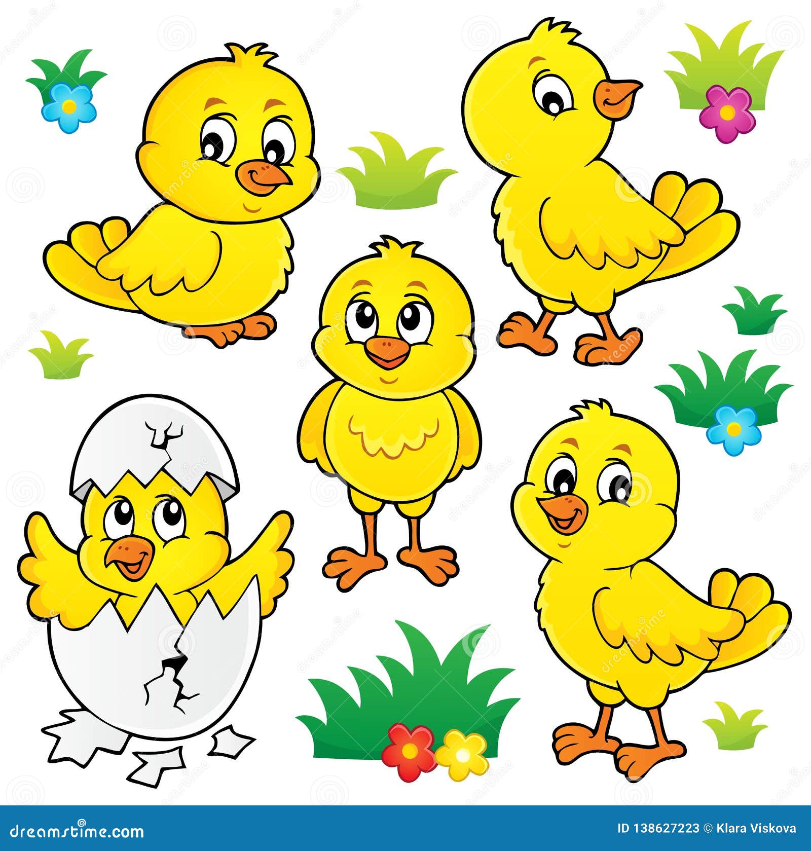 Set Of Cute Chickens On Blue Background - Cartoon Hens And Roosters ...