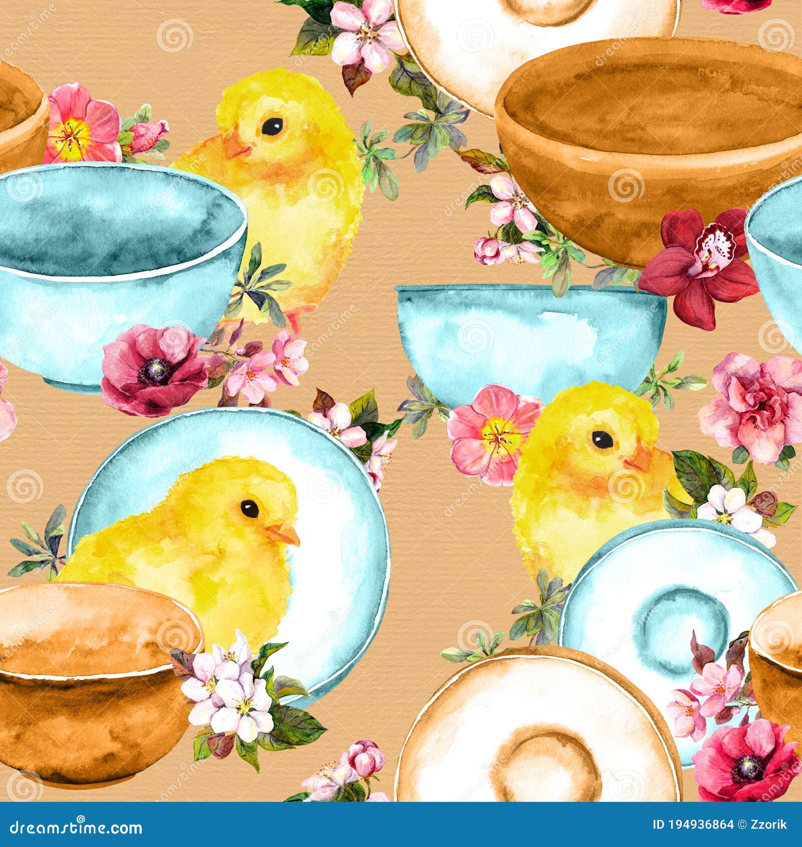 Cute Chicks Birds, Dishes, Plates, Flowers. Seamless Pattern with Table ...