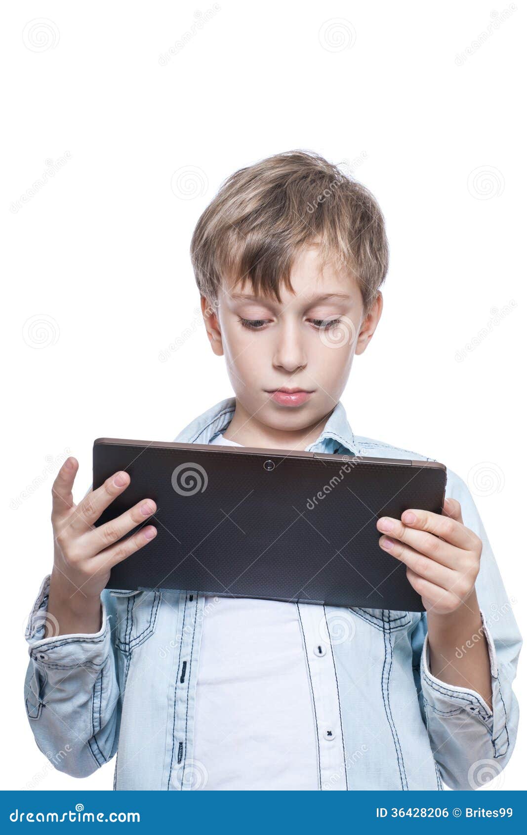 Cute Child in Blue Shirt Holding a Tablet Computer Stock Photo - Image ...
