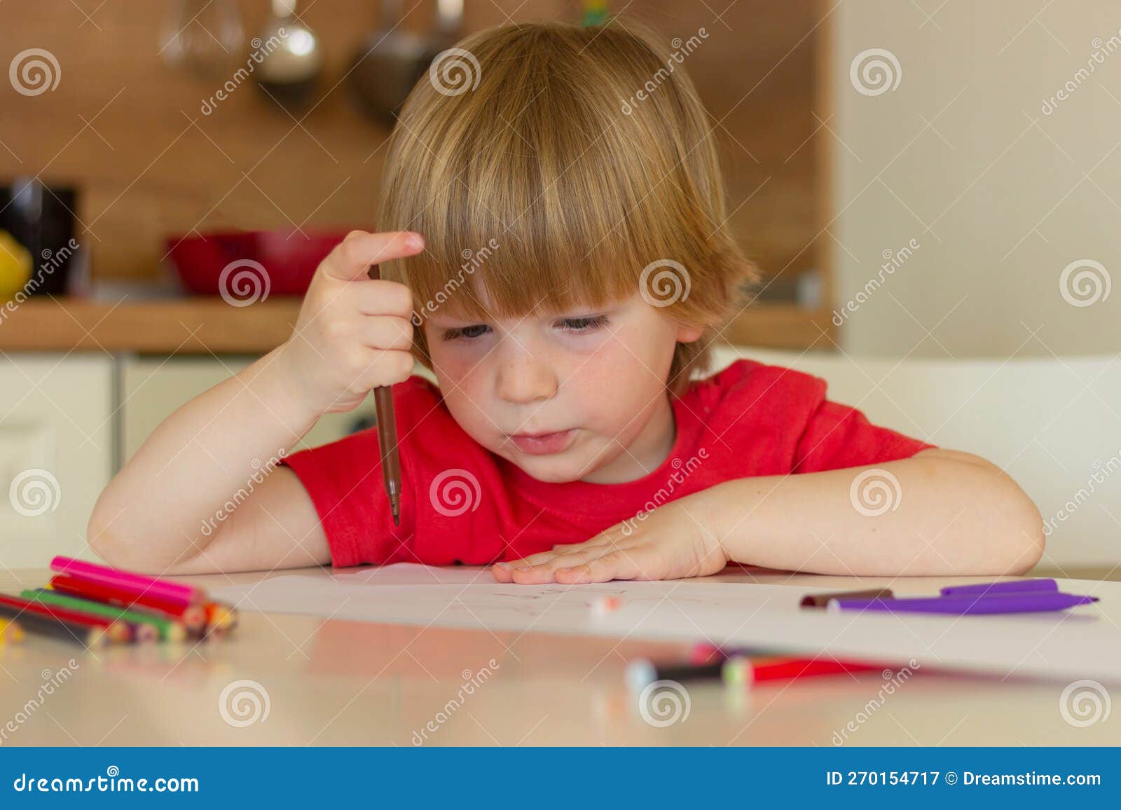 Cute Child Boy Draw with Colored Felt-tip Pens on the Paper Stock Image ...